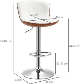 HOMCOM Sada 2 moderních barových židlí s nastavitelnou výškou sedáku 64-85 cm, otáčecí 360° s umělým potahem - Krémová imitace dřeva