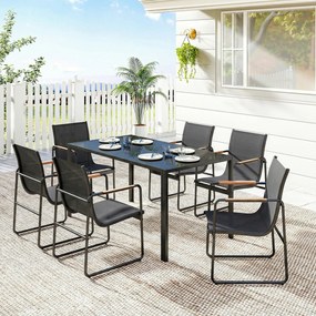 Outsunny Sada zahradního nábytku Sedací souprava 150 x 80 cm Skleněný stůl se 6 prodyšnými židlemi Ozdobné područky Černá barva