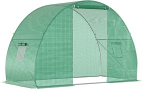Zimní skleník Outsunny s tunelovým designem, plocha 4,5 m², rozměry 3L x 1,5W x 2H m, vyztužený rám, zipové dveře, 2 okna pro ventilaci, zelený | Aoso