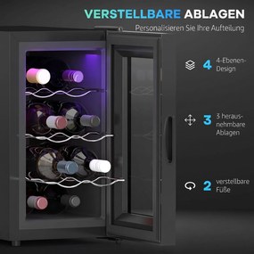 HOMCOM Vinotéka pro 8 lahví, 21 l, termoelektrická, nastavitelné police, LED osvětlení, černá
