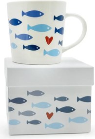 Porcelánový hrnek Hejno, 400 ml – minimalistický motiv ryb, dárek pro milovníky moře