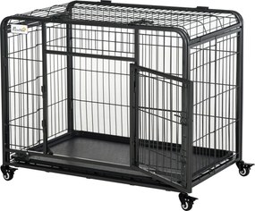 Skládací přepravní klec PawHut pro psy na kolečkách s 2 zamykatelnými dveřmi a odnímatelným podnosem 94L x 58W x 69.5H cm Metal Šedá Černá | Aosom