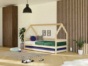 Benlemi Dětská dřevěná postel domeček SAFE 3v1 se zábranou a přistýlkou Zvolte barvu: Nelakovaná, Zvolte rozměr: 90x180 cm, Zvolte zábranu: S otevřeným vstupem