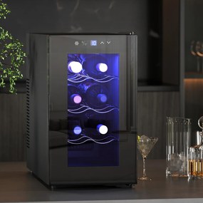 HOMCOM Vinotéka pro 8 lahví, 21 l, termoelektrická, nastavitelné police, LED osvětlení, černá