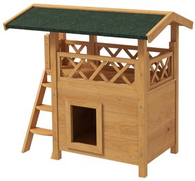 PawHut dvoupatrový domek pro kočky s asfaltovou střechou a balkonem, vila pro kočky z masivního dřeva se schody, přírodní, 77x50x73cm| Aosom