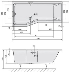 Polysan VERSYS L asymetrická vana 170x84x70x47cm, bílá, 70111