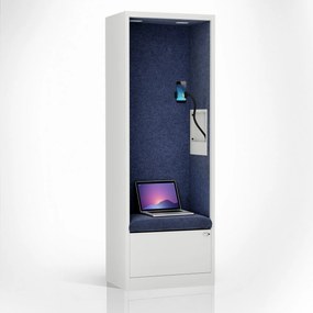 Kancelářská akustická kabina se sedátkem a USB-C portem, korpus bílý / sedák námořnická modrá, 600 mm: SALLY MentalBox