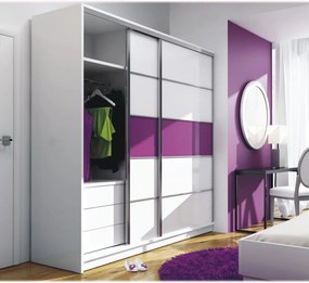 Stolar šatní skříň Dubaj 226/220/64 bez zrcadla bílá mat fialový lesklý pruh s posuvnými dveřmi