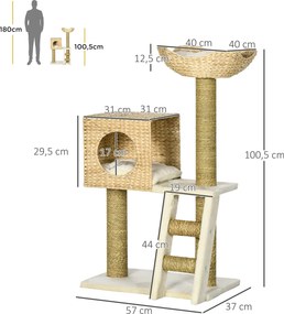 PawHut škrabadlo 100,5 cm s kočičí jeskyní, pelíškem, schody a sisalovými škrabadly, pro kočky do 4,5 kg, Přírodní