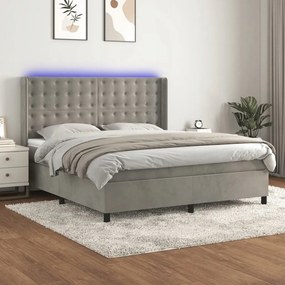 Box Spring Postel S Matrací A Led Samet Světle Šedá tlačítka 160 x 200 cm