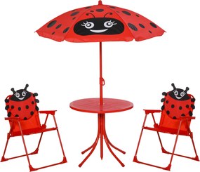 Outsunny Dětská zahradní sada stolu a židlí s piknikovou skládací sadou pro děti se slunečníkem s nastavitelnou výškou 100-125 cm, design berušky
