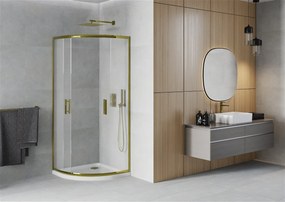 Mexen Rio, čtvrtkruhový sprchový kout 90(dveře)x90(dveře)x190 cm, 5mm sklo námraza, zlatý profil + bílá sprchová vanička SLIM, 863-090-090-50-30-4110G