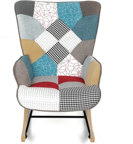 Křeslo houpací, potah patchwork látka, dřevěné nohy, masiv kaučukovník (68 x 80) cm Šedá