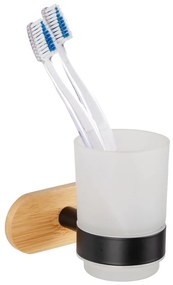 Samodržící skleněný kelímek na zubní kartáčky v černé a přírodní barvě Orea Bamboo – Wenko