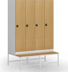 Šatní skříňka S1 s lavičkou, 2 oddíly, 1875 x 600 x 500/800 mm, RFID zámek, laminované dveře, bříza
