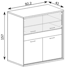 Mediolan - vitrína M5 + KOVOVÉ NOŽIČKY - natural hikora + dekorační deska
