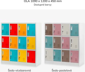 Plechová šatní skříň s 12 boxy OLA, 1090 x 1200 x 450 mm, šedo-více barevní