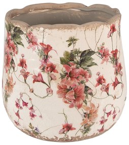 Béžový keramický dekorační obal na květináč s výraznými květy M - Ø18*16 cm