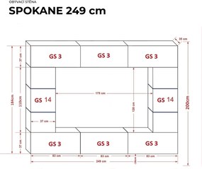 Ral Obývací stěna SPOKANE 3, 249 cm - Černý lesk