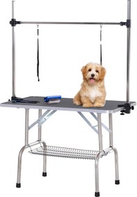 PawHut Trimovací stůl výškově nastavitelný skládací stůl pro psy s košíkem pod ním 107x60x170cm v černé barvě