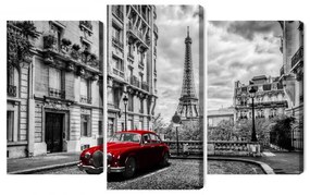 Vícedílný obraz Červené Retro Auto Na Pozadí Eiffelovy Věže Nedostatek Nedostatek Plátno Canvas 180x120