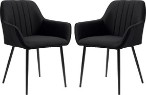 Jídelní židle HOMCOM v severském designu - Sada 2 židlí - Černé zkosené kovové nohy - Ergonomické lněné černé sedáky, opěradla a područky | Aosom