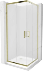Mexen Rio, čtvercový sprchový kout s posuvnými dveřmi 70 (dveře) x 70 (dveře) x 190 cm, 5mm sklo námraza, zlatý profil + bílá sprchová vanička SLIM, 860-070-070-50-30-4010G
