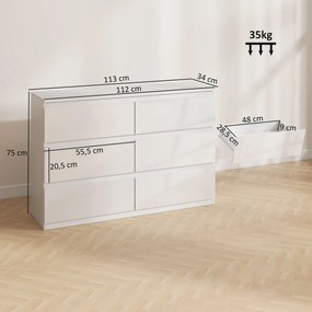 HOMCOM komoda se 6 dřevěnými zásuvkami, moderní a všestranná ložnicová komoda, 112x34x75 cm, bílá