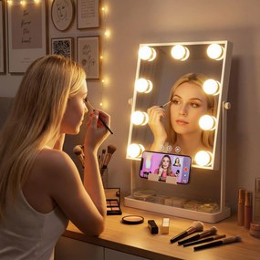 HOMCOM Hollywood make-up zrcátko s osvětlením, 9 LED lamp, 3 barvy, dotykový spínač, držák na mobil, bílé