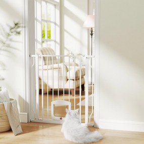PawHut rozšiřitelná bezpečnostní brána pro psy, 75–85 cm — do dveří a na schodiště, malá dvířka, tlakové uchycení, dvojité zamykání, bílá | Aosom