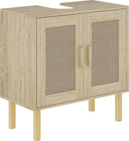 HOMCOM koupelnová skříňka pod umyvadlo, úložný prostor, ratanové dveře, bohémský styl, nohy z borovice, 2 úrovně, 60 x 30 x 60 cm, Dub