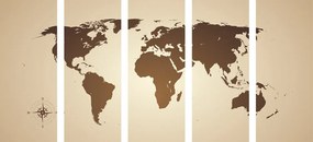 5-dílný obraz mapa světa v odstínech hnědé - 200x100 cm