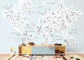 Dětská fototapeta na míru Černobílá Zvířecí Mapa Světa | Vliesová fototapeta na zed' | DFTD5P 352441