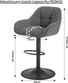 WOLTU Barové židle – sada 1 ks, výškově nastavitelné, otočné, s opěradlem, tmavě šedé