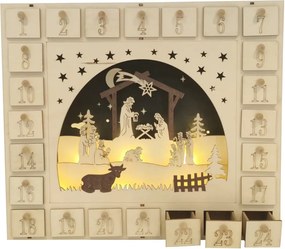 LED adventní kalendář, betlém a hvězdy, dřevěný, 39 × 33,5 × 7 cm, na 2× AA