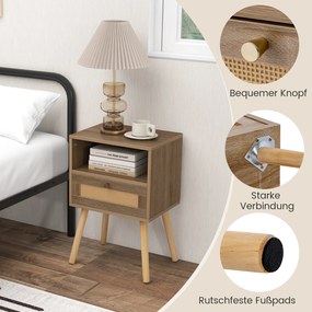 Costway Noční stolek s ratanovou dekorací, malý v boho stylu s přírodní zásuvkou