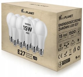 10x LED žárovka ecoPLANET - E27 - A60 - 15W - 1500Lm - studená bílá