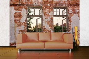 DIMEX | Samolepicí vliesová fototapeta na zeď Oloupaná cihlová zeď MA-5-0826 | 375 x 250 cm | béžová, oranžová, hnědá