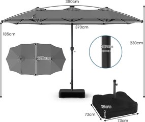 Costway Dvojitý slunečník s klikou a stojanem s 108 LED světle – 370 × 200 cm