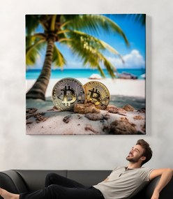 Obraz na plátně - Bitcoin, tropická pláž s palmou FeelHappy.cz Velikost obrazu: 120 x 120 cm