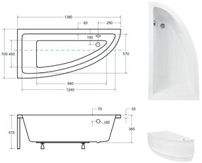 BESCO Asymetrická vana FONDI Nožičky k vaně - Bez nožiček, Rozměr vany - 140 × 70 cm, Způsob provedení - Pravé - OLVFON14P