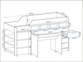 Patrová postel LEGENDA, 70 x 190 cm, s psacím stolem, komodou a regály