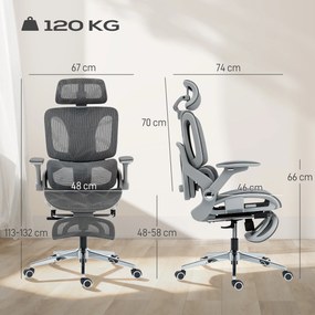 HOMCOM ergonomická síťovaná kancelářská židle — 4D područky, nastavitelná opěrka hlavy a hloubka sedáku, bederní opora, sklápění 135° s opěrkou nohou…