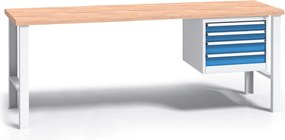 Pracovní stůl do dílny G3 se závěsným boxem na nářadí, buková spárovka, 4 zásuvky, pevné kovové nohy, 2000 mm, modrá