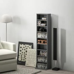 HOMCOM Úložný box na CD a DVD, 9 přihrádek a 6 nastavitelných polic, maximální kapacita 260 CD/120 DVD, 33 x 24 x 140 cm, šedá