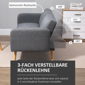 HOMCOM Rozkládací pohovka 2místná, rozkládací pohovka s funkcí spaní, polyester podobný lnu, kaučukové dřevo, šedá, 173x75x73cm| Aosom