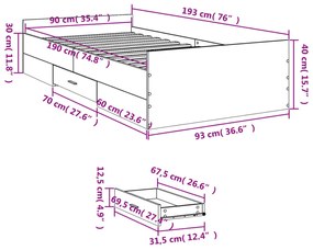 Rám postele se zásuvkami betonově šedý 90 x 190 cm kompozit