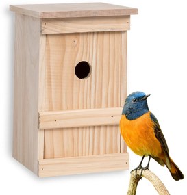 Ptačí budka pro ptáky hnízdící v dírách, neošetřené dřevo, závěsné očko, předmontovaná