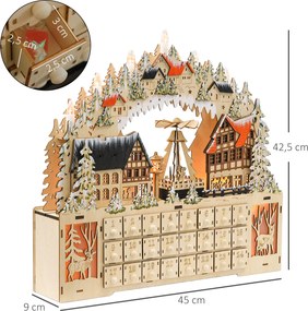 HOMCOM Adventní kalendář, vánoční vesnička, 18 LED světýlek, 24 zásuvek, opakovaně použitelný, 45 x 9 x 42,5 cm