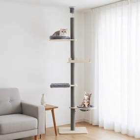 Costway 236-271 cm vysoké stropní škrabadlo s houpací sítí a košem a postelí